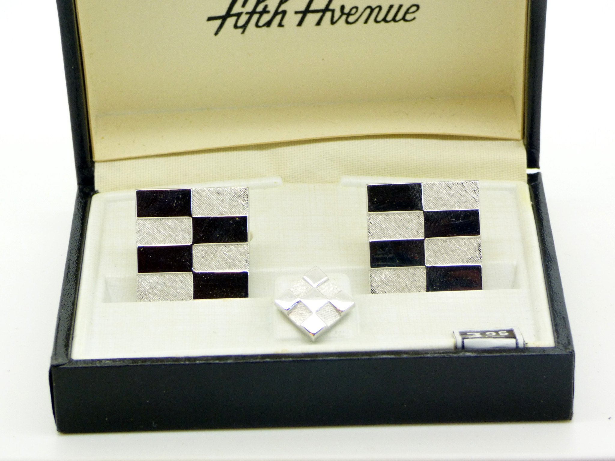 Checkerboard Silver Tone Cufflinks and Tie Tack Set in Original Box ...