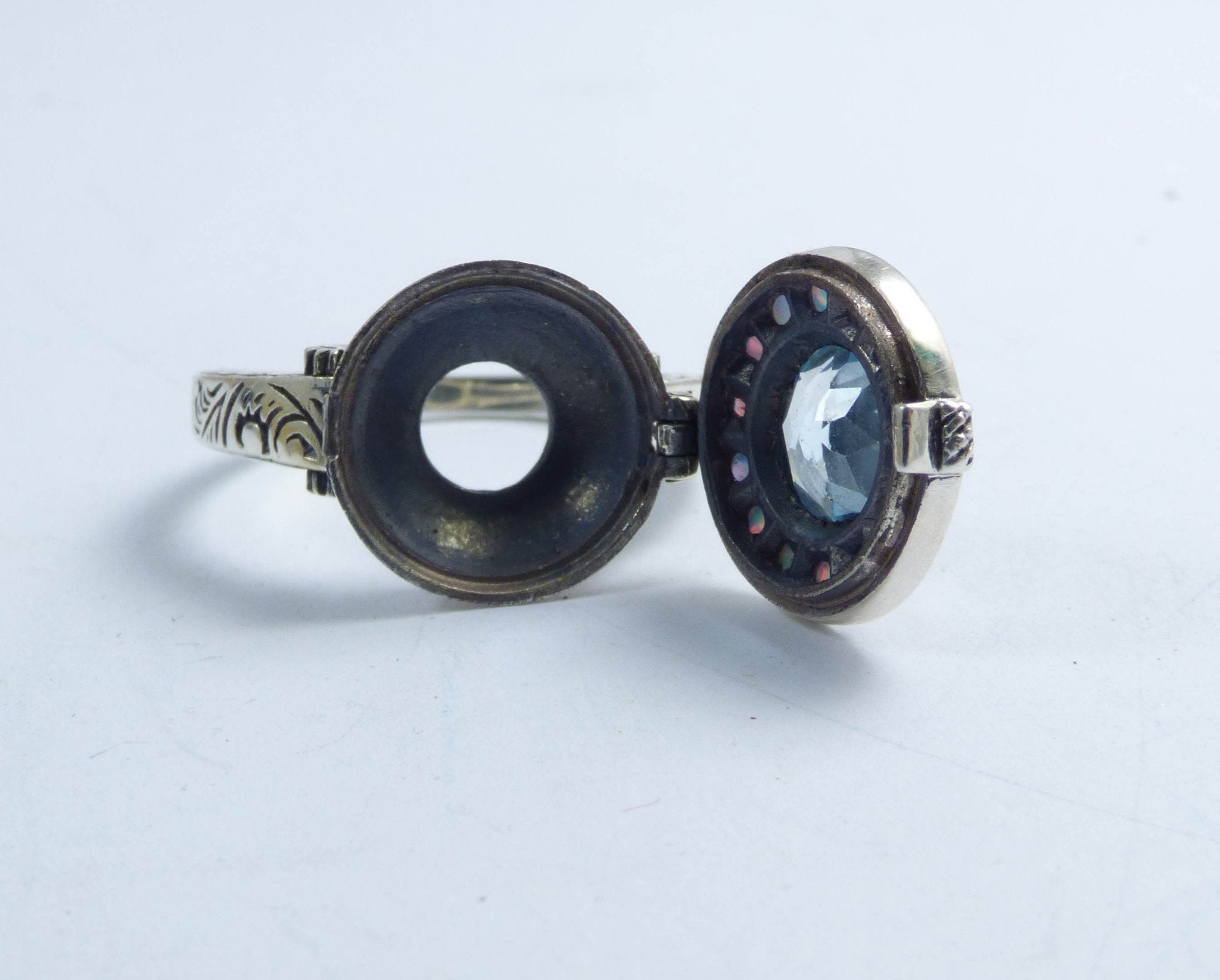 Natural Aquamarine and Opal Sterling Silver Poison Pill Box Ring ...