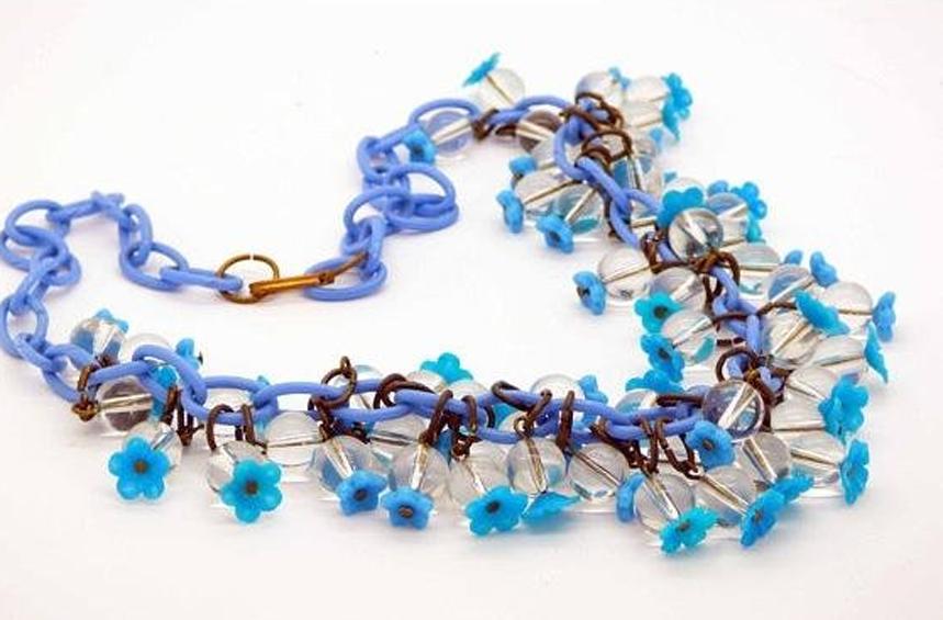 Vintage Blue Celluloid and Clear Glass Bead Necklace