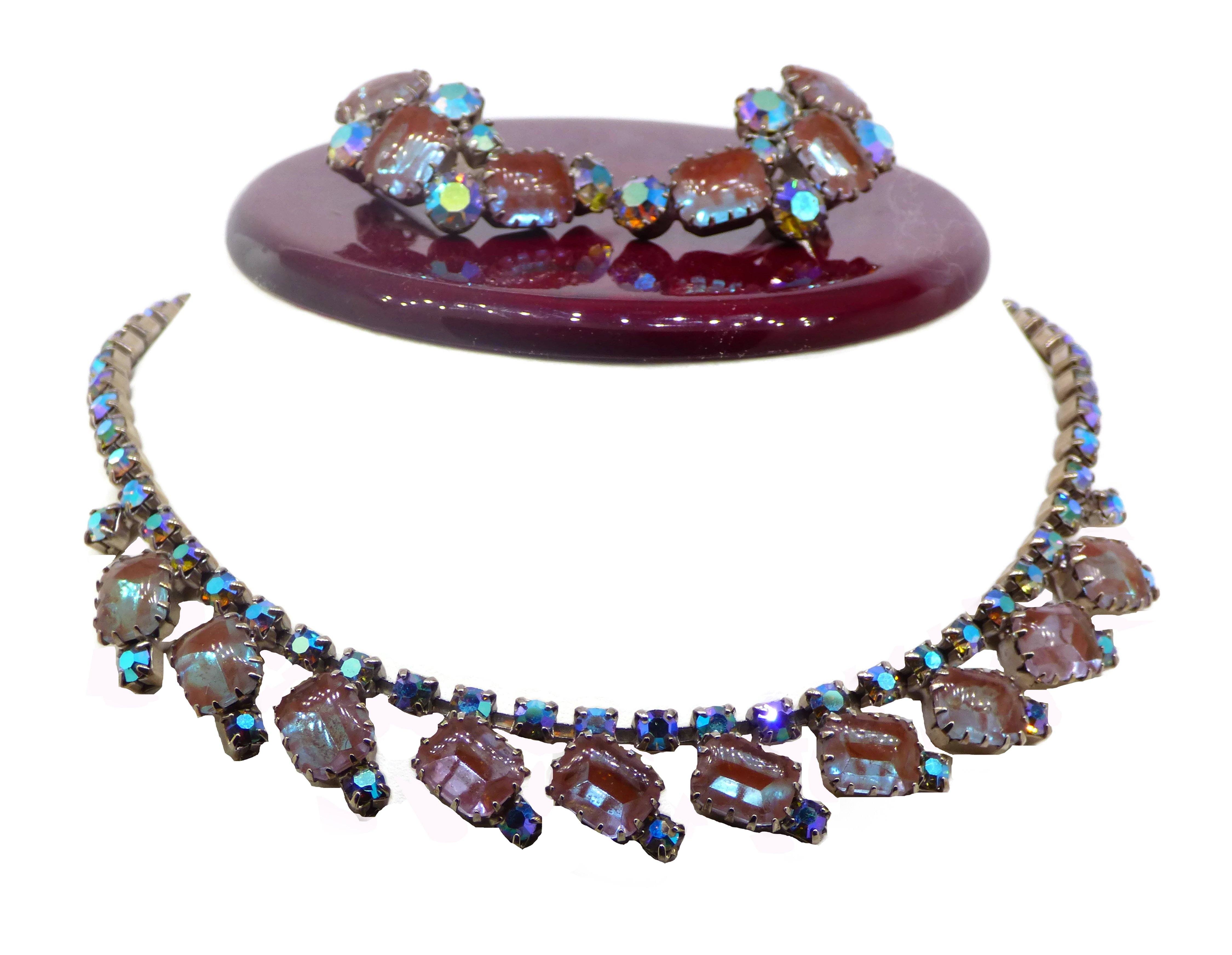 Vintage Saphiret and AB Rhinestone Necklace and Clip Earrings