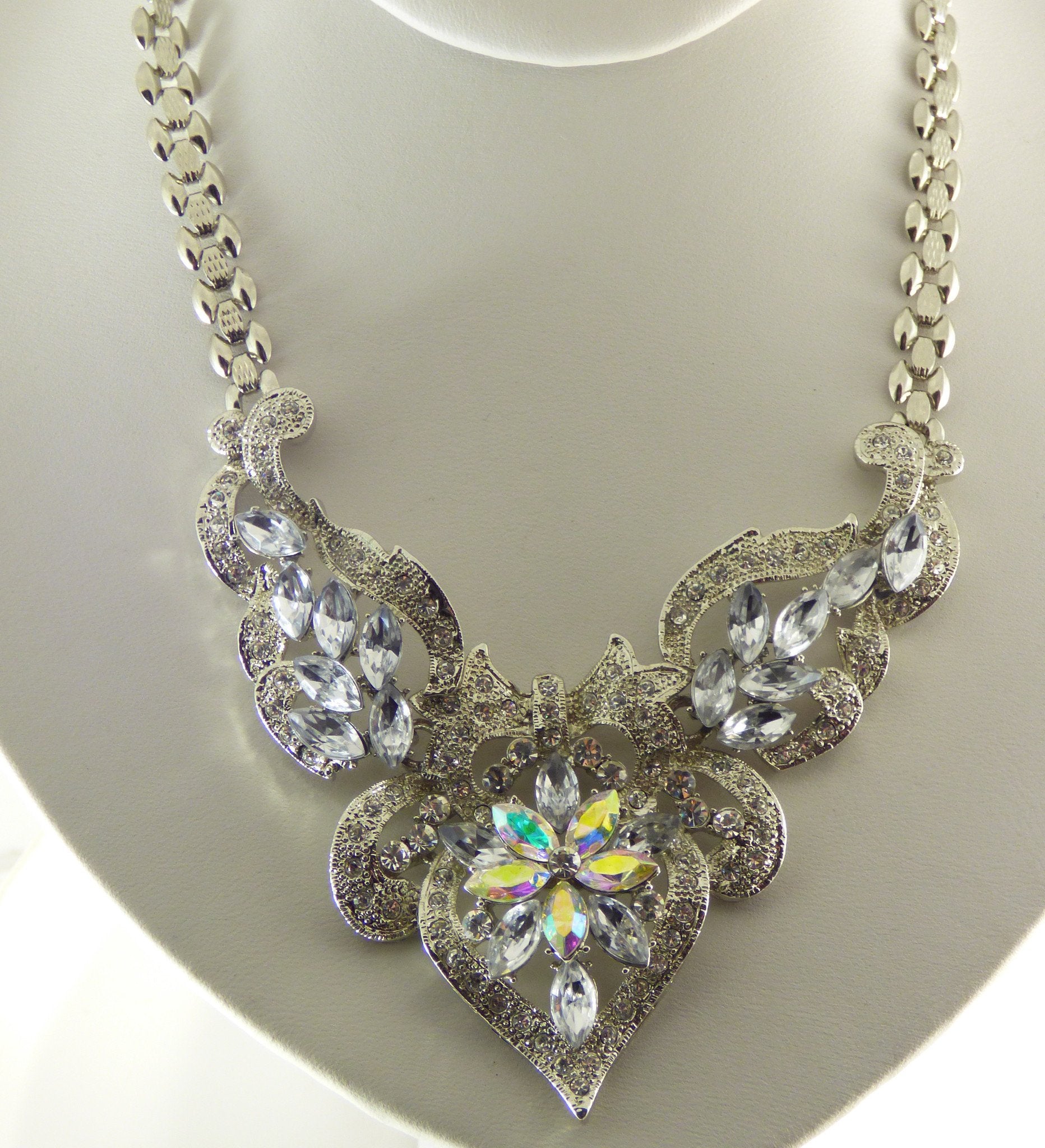 Sparkling Ice and AB Rhinestone Necklace Clip Earring Set - Vintage ...
