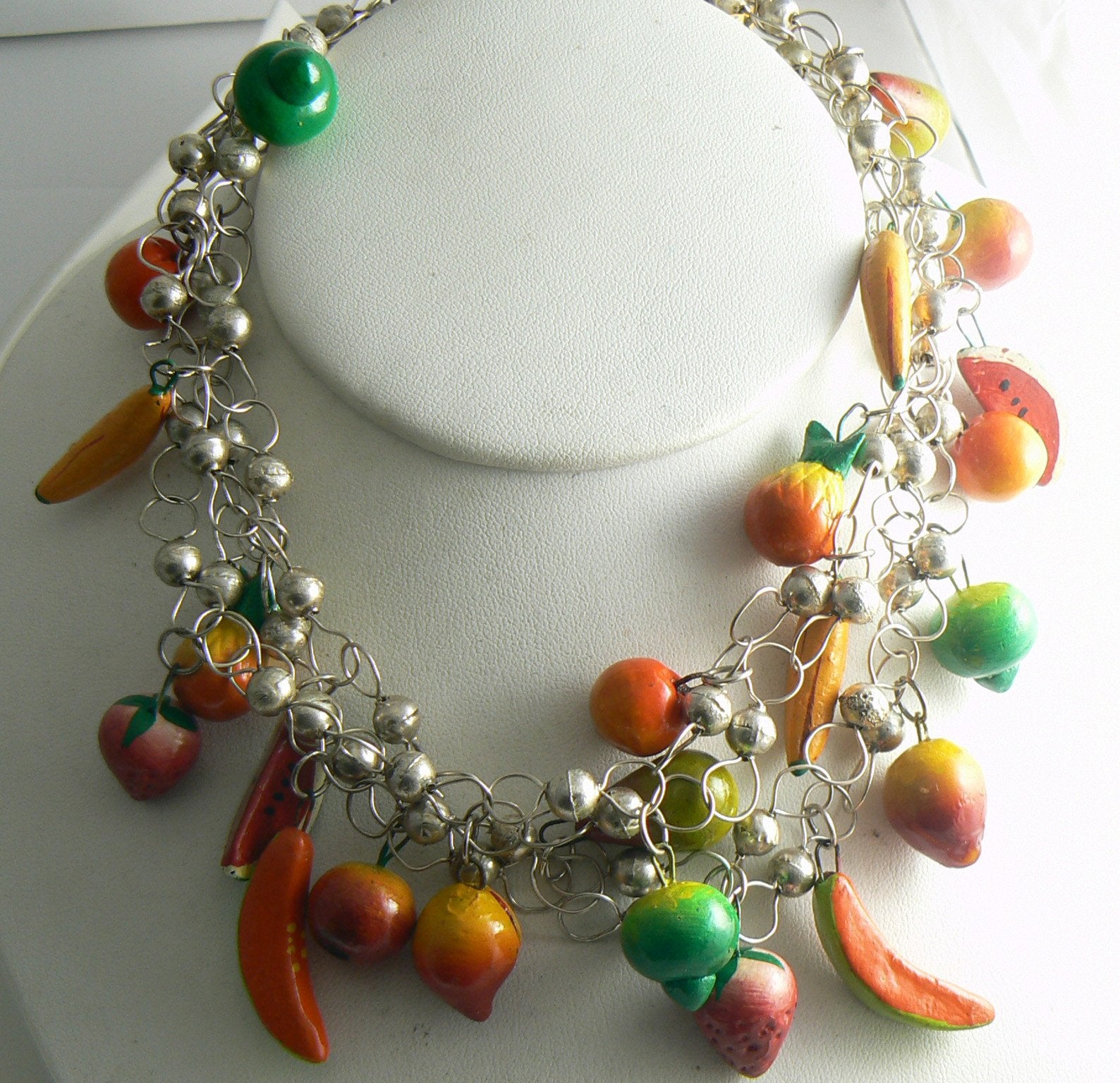 Vintage Long Carmen Miranda Fruit Dangle Charm Necklace