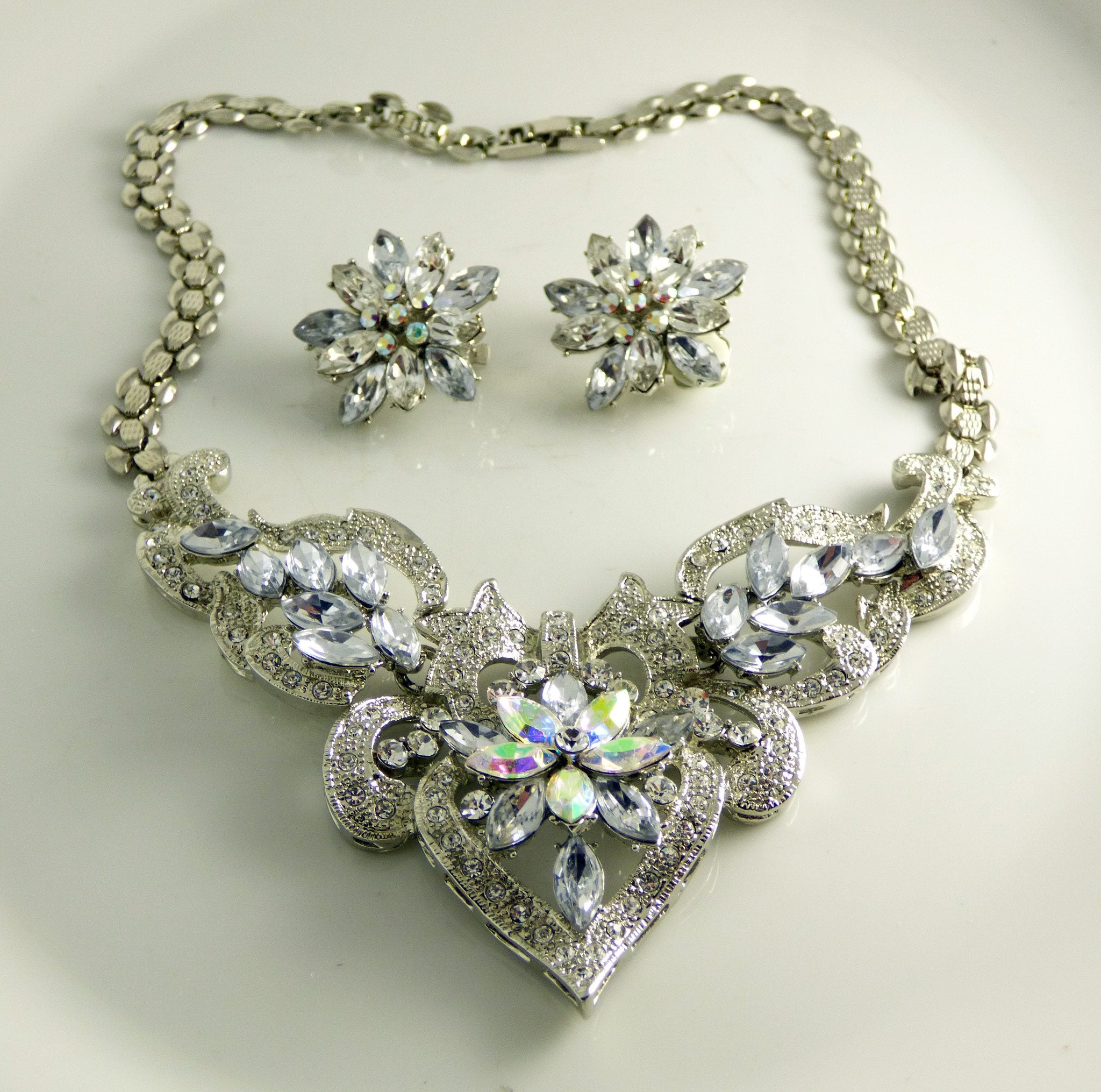 Sparkling Ice and AB Rhinestone Necklace Clip Earring Set