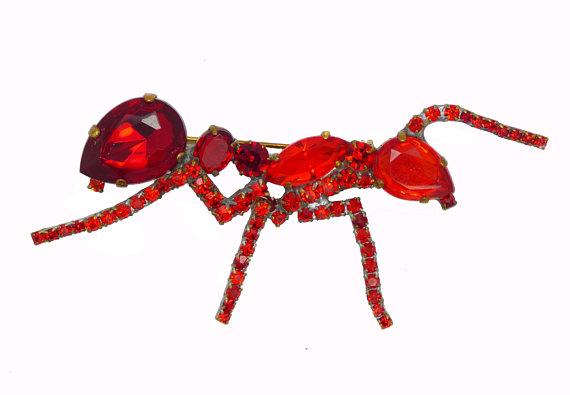 Czech Red Glass Rhinestone Ant Brooch