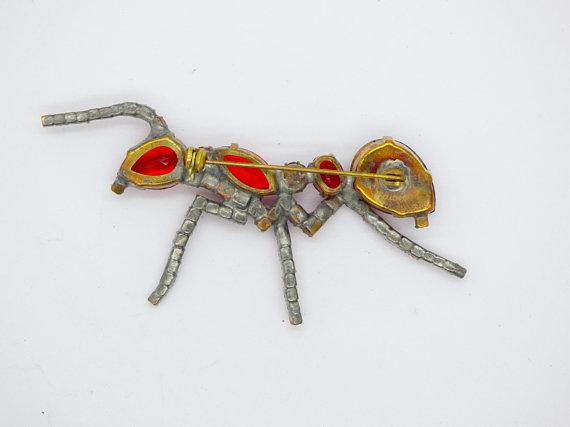 Czech Red Glass Rhinestone Ant Brooch - Vintage Lane Jewelry