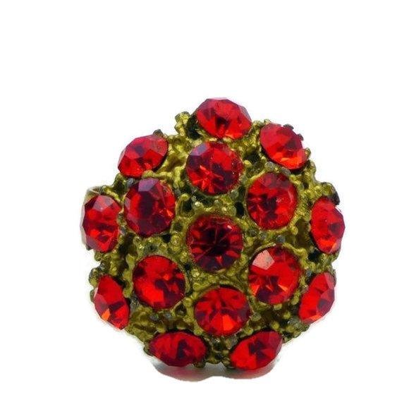 Red Rhinestone Brass Adjustable Cluster Cocktail Ring