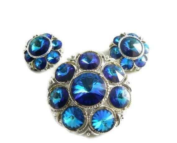 Blue Green Margarita Rivoli Glass Rhinestone Demi Parure