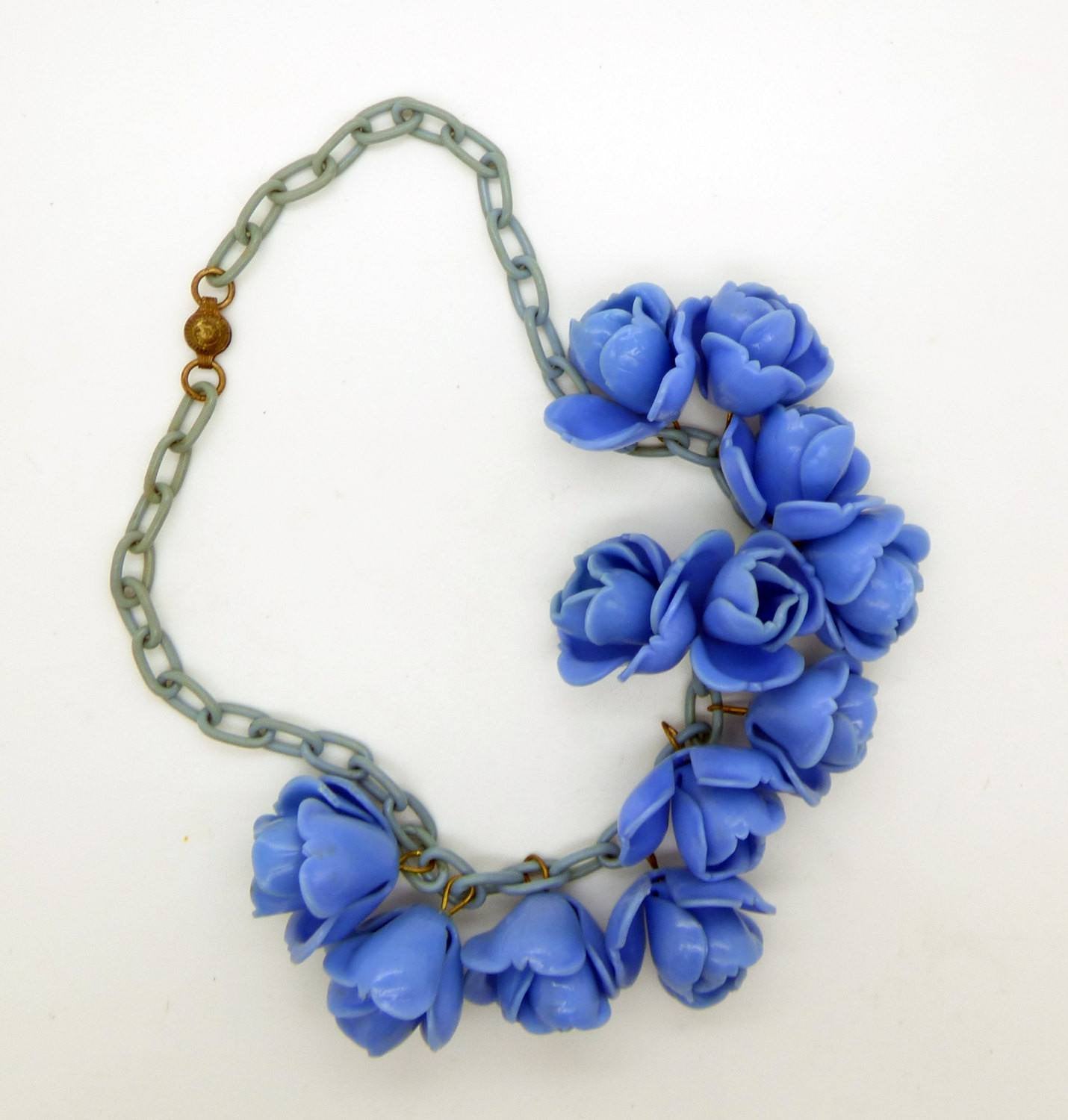 Blue Roses Early Plastic Celluloid Chain Necklace - Vintage Lane Jewelry