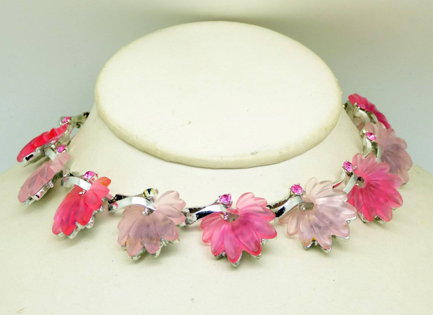 Vintage Pink Carved Lucite Rhinestone Necklace and Clip Earrings ...