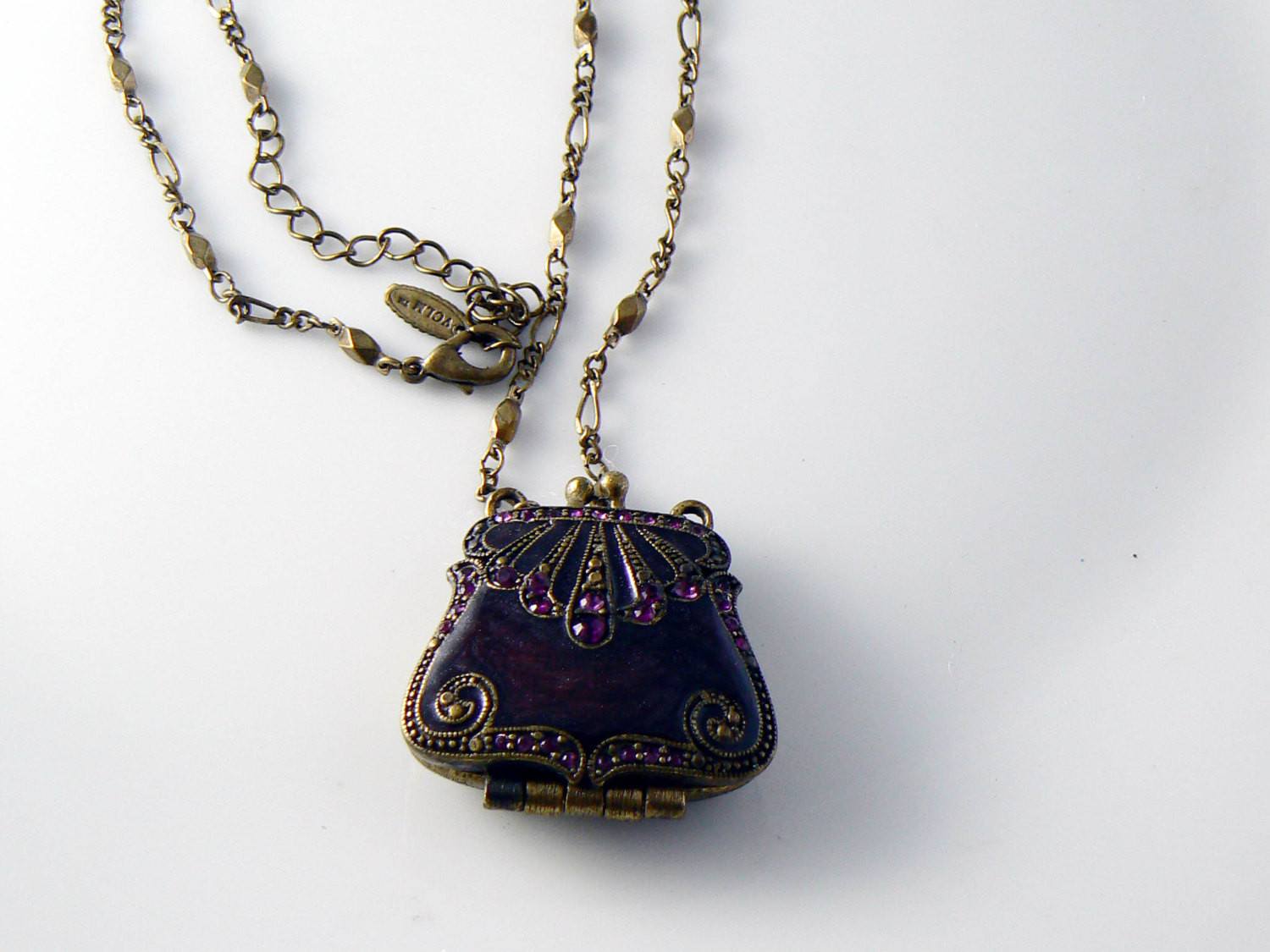 Signed Vclm Purse Pendant Rhinestones Oxblood Enamel Gold Tone ...