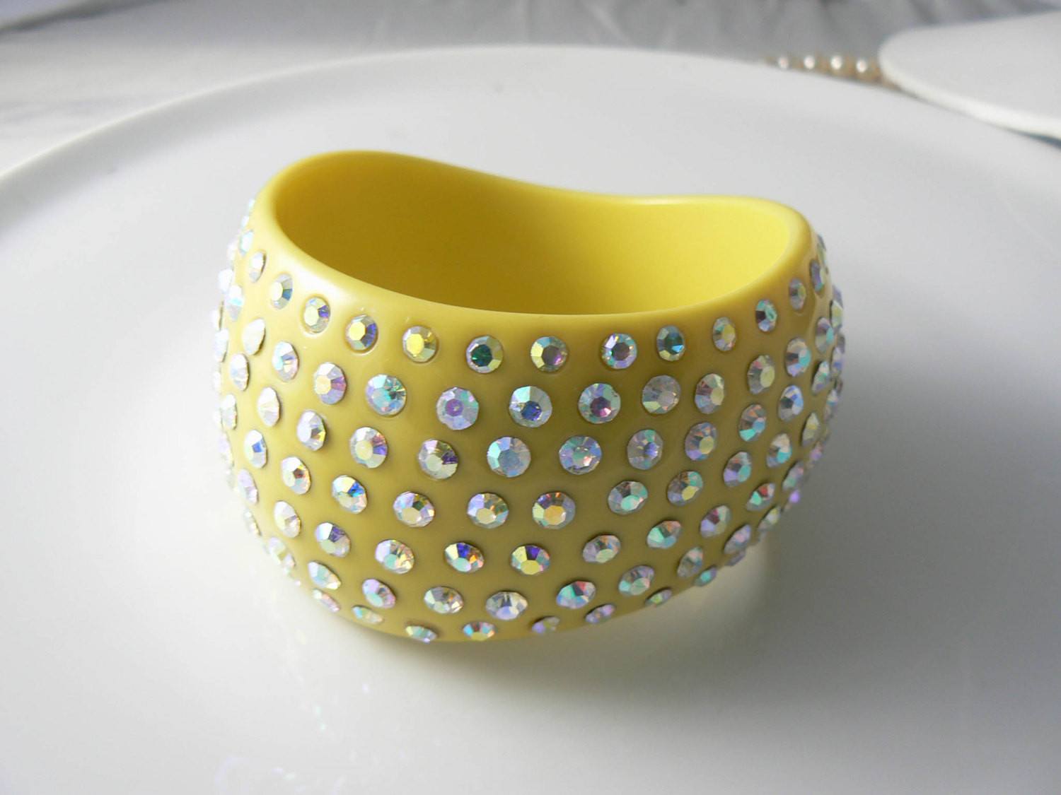 Huge Vintage Pale Yellow Lucite Ab Rhinestone Bangle - Vintage Lane Jewelry