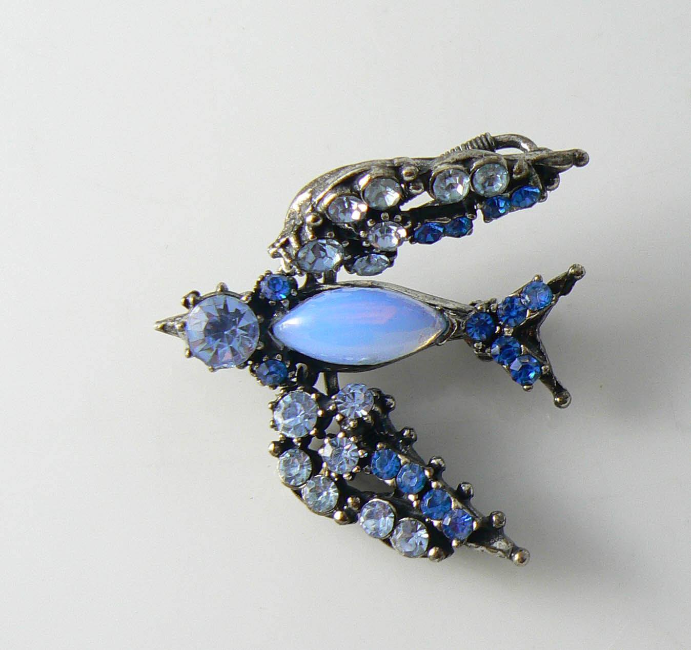 Florenza Blue Rhinestone Trembler Bird Pin