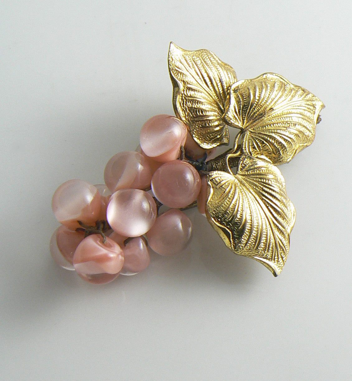 Pink Glass Golden Leaves Grape Cluster Pin Early