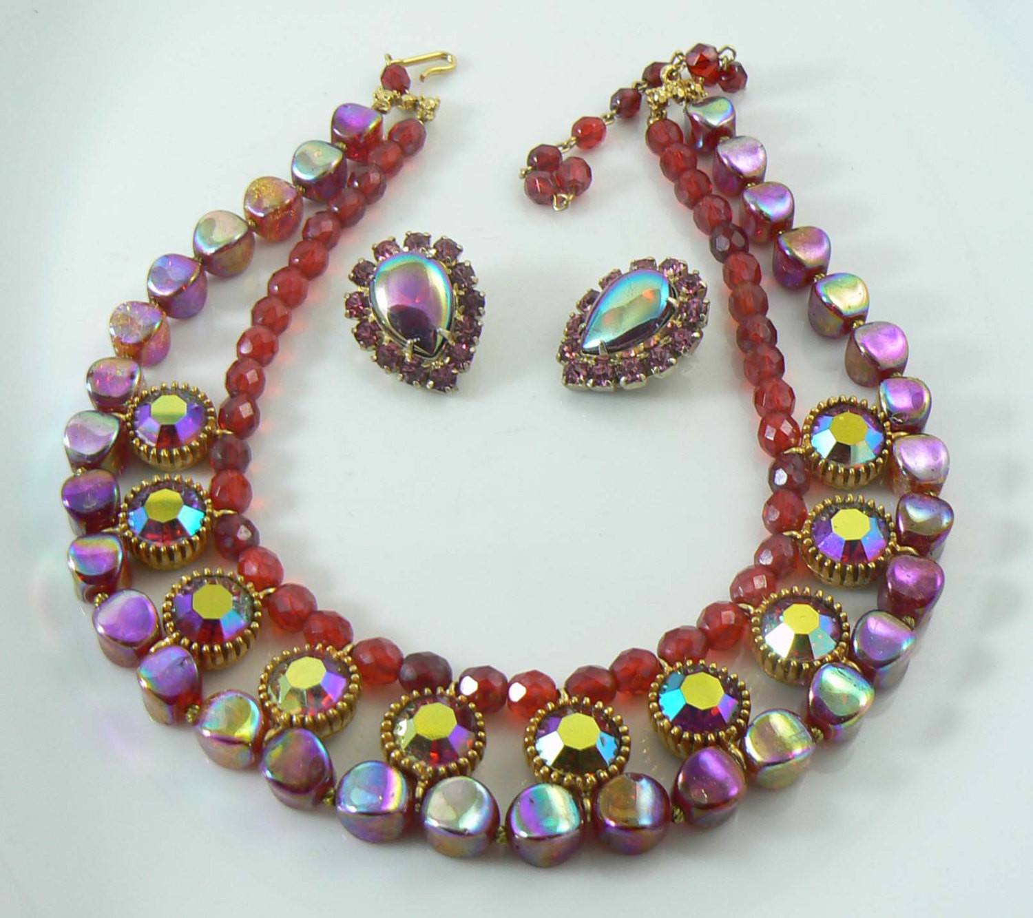 Red AB Rhinestone Carnival Glass Bib Necklace and Clip Earrings