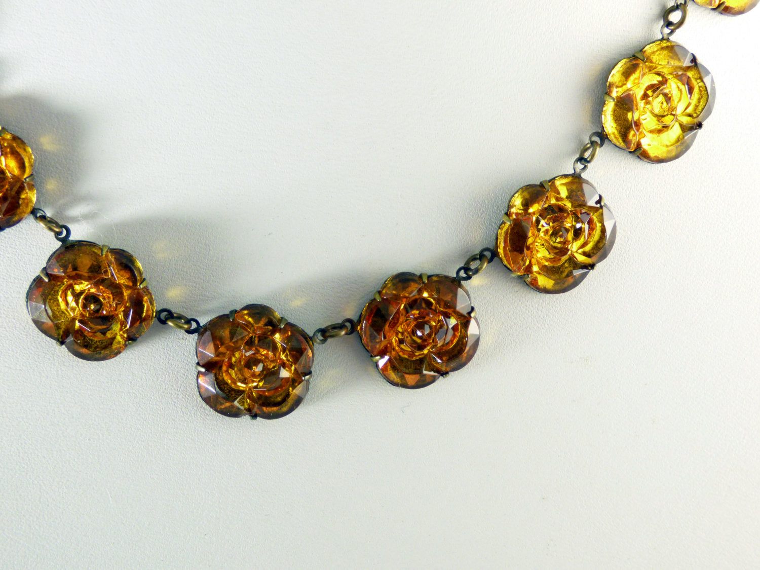 Vauxhall Antique Art Deco Floral Molded Amber Glass Choker Necklace ...