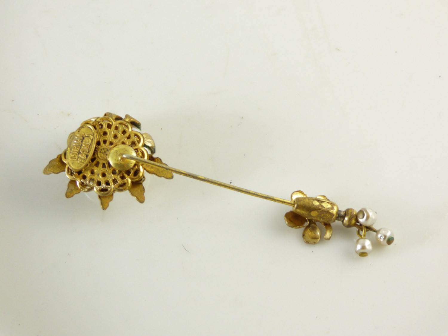 Miriam Haskell Baroque Glass Pearl Russian Gold Floral Stick Pin, Hat ...