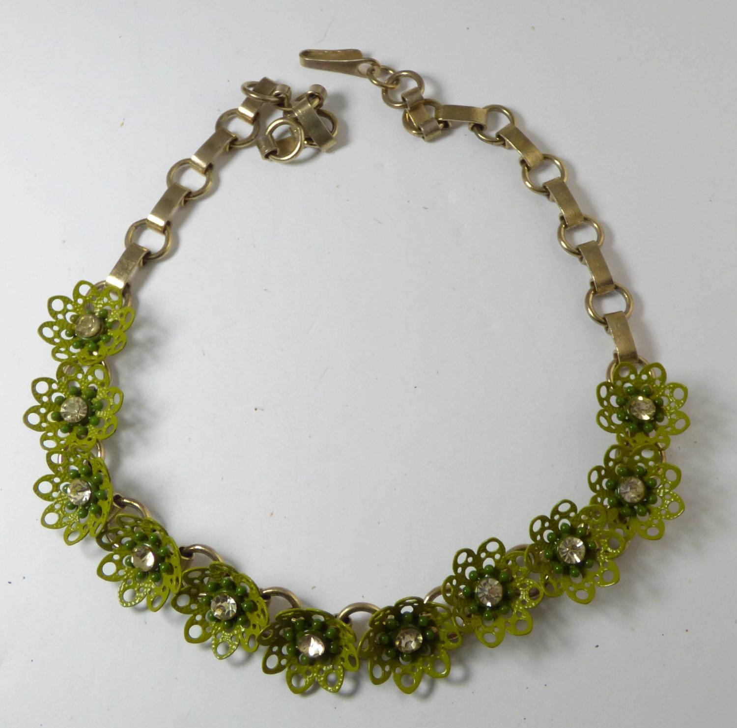 Vintage Rhinestone Olive-Green Enamel Flower Necklace