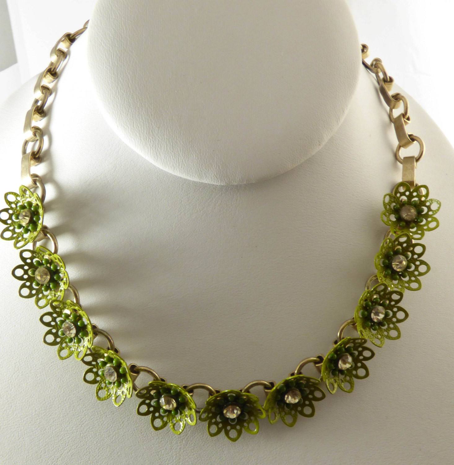 Vintage Rhinestone Olive-Green Enamel Flower Necklace - Vintage Lane ...