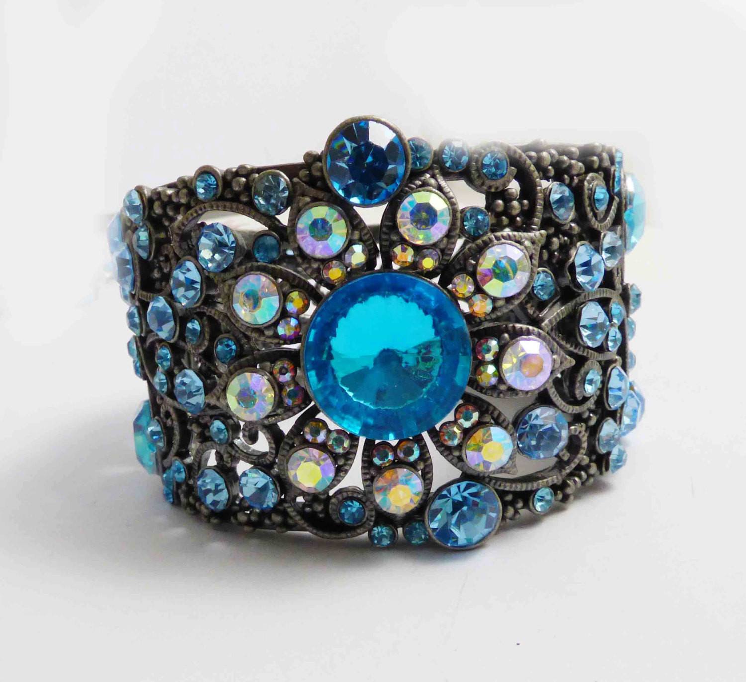 Blue Bling AB rhinestone Wide Cuff Bracelet, Signed RR
