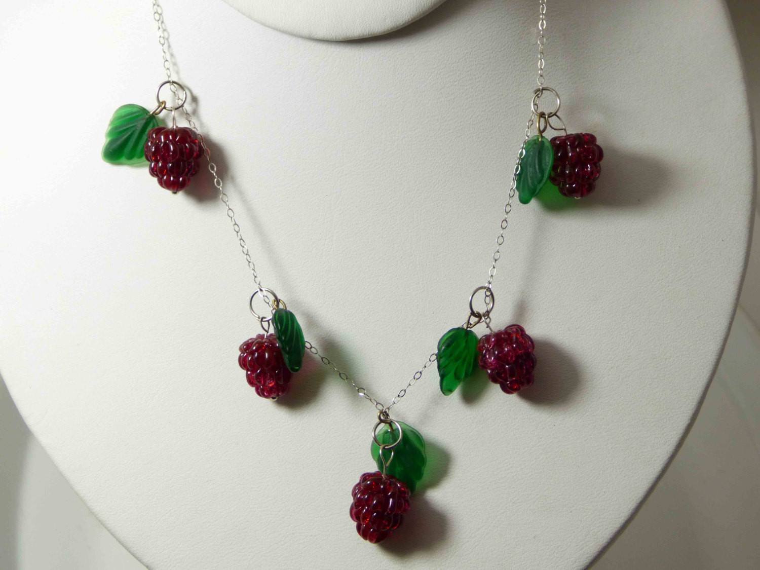 Berries, Sterling Silver Glass Leaves and Raspberries Necklace ...