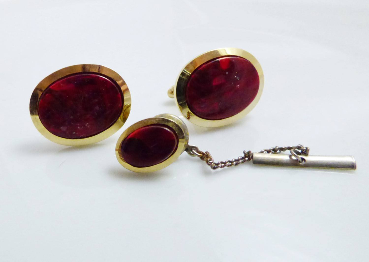 Vintage Anson gold tone Red Marbleized Stone Cufflinks and Tie Tack Set ... Vintage Anson gold tone Red Marbleized Stone Cufflinks and Tie Tack Set ...