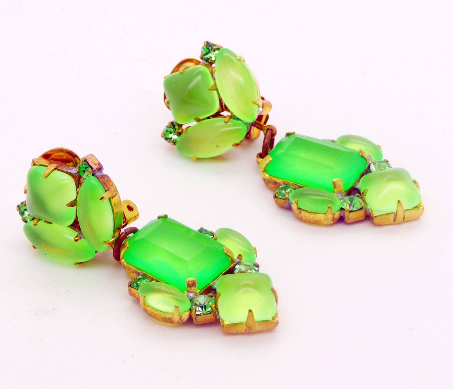 Czech Neon Green Clip Earrings
