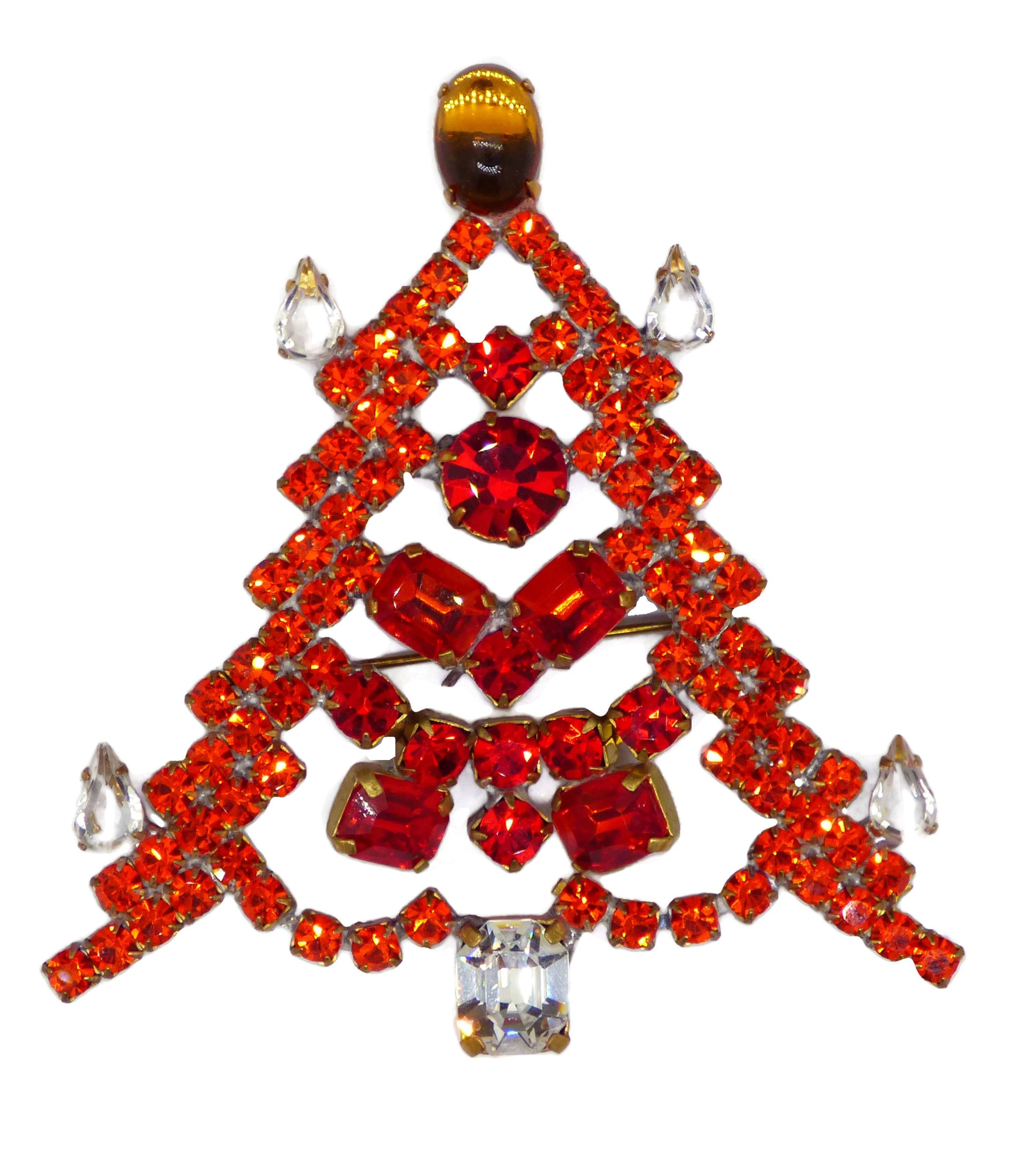 Red Christmas Tree Pin, Rhinestone Brooch,