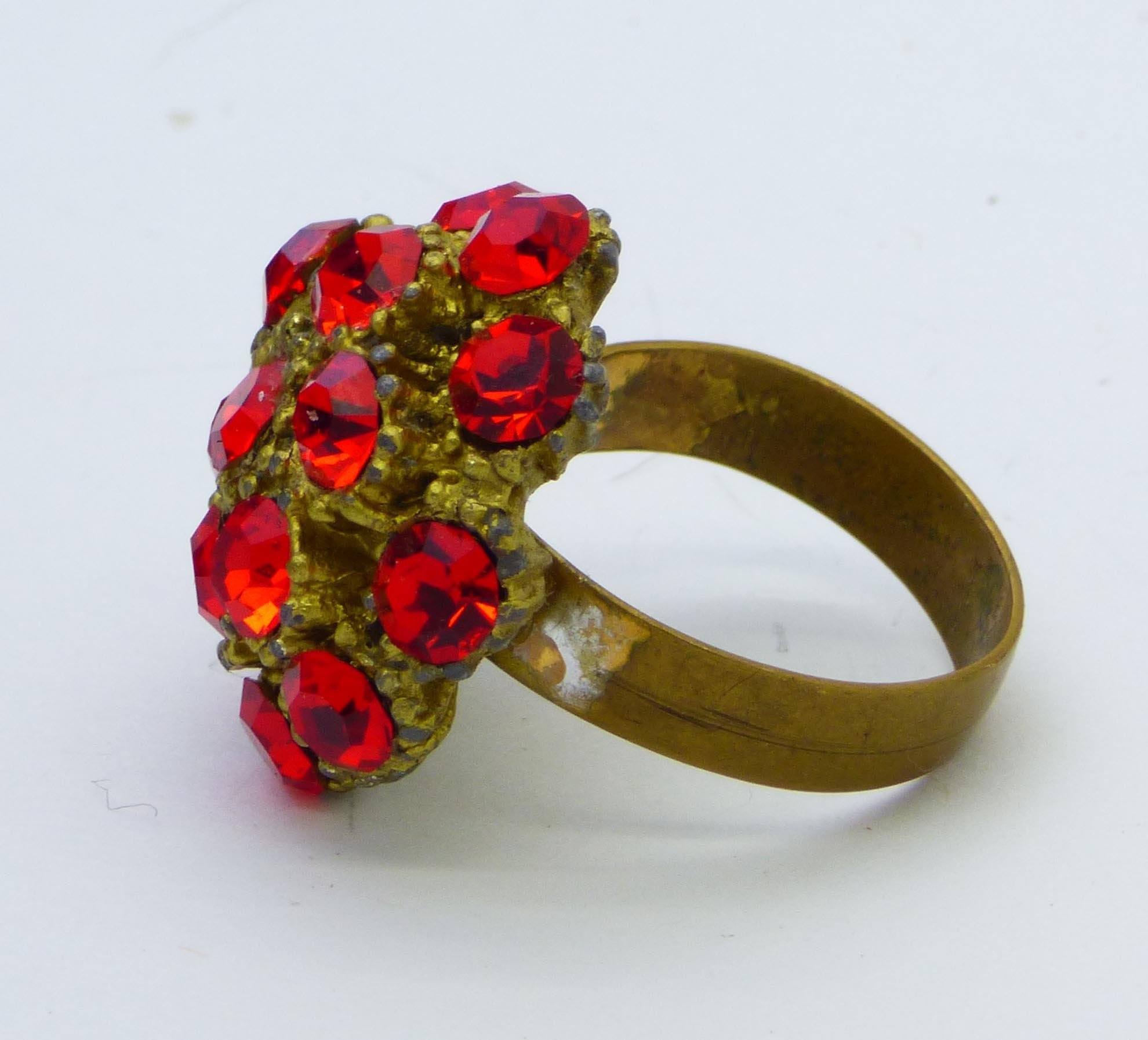 Red Rhinestone Brass Adjustable Cluster Cocktail Ring - Vintage Lane ...