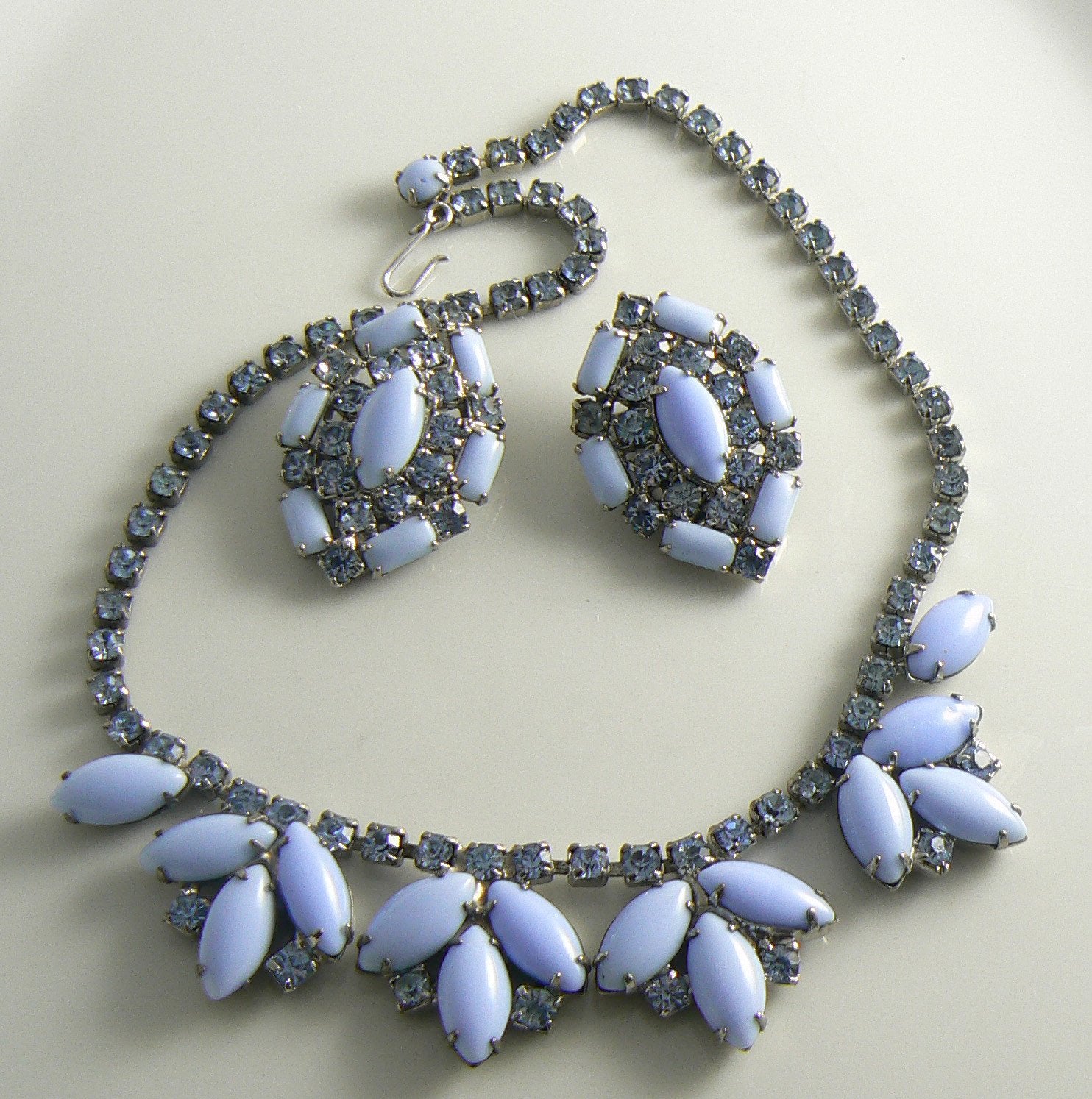 Baby blue milk glass rhinestone necklace earring set