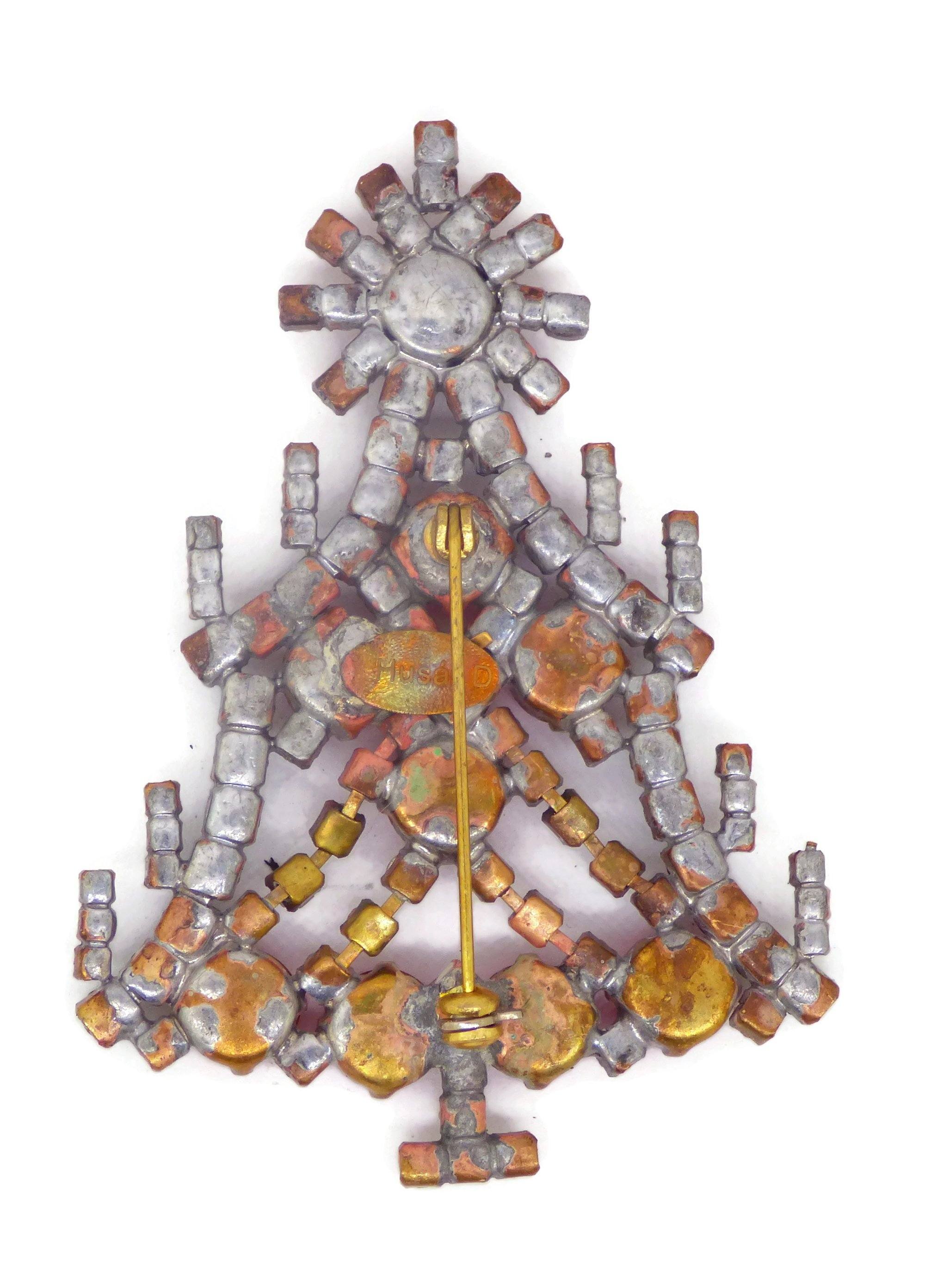 Husar D Red Rhinestone Christmas Tree Brooch - Vintage Lane Jewelry