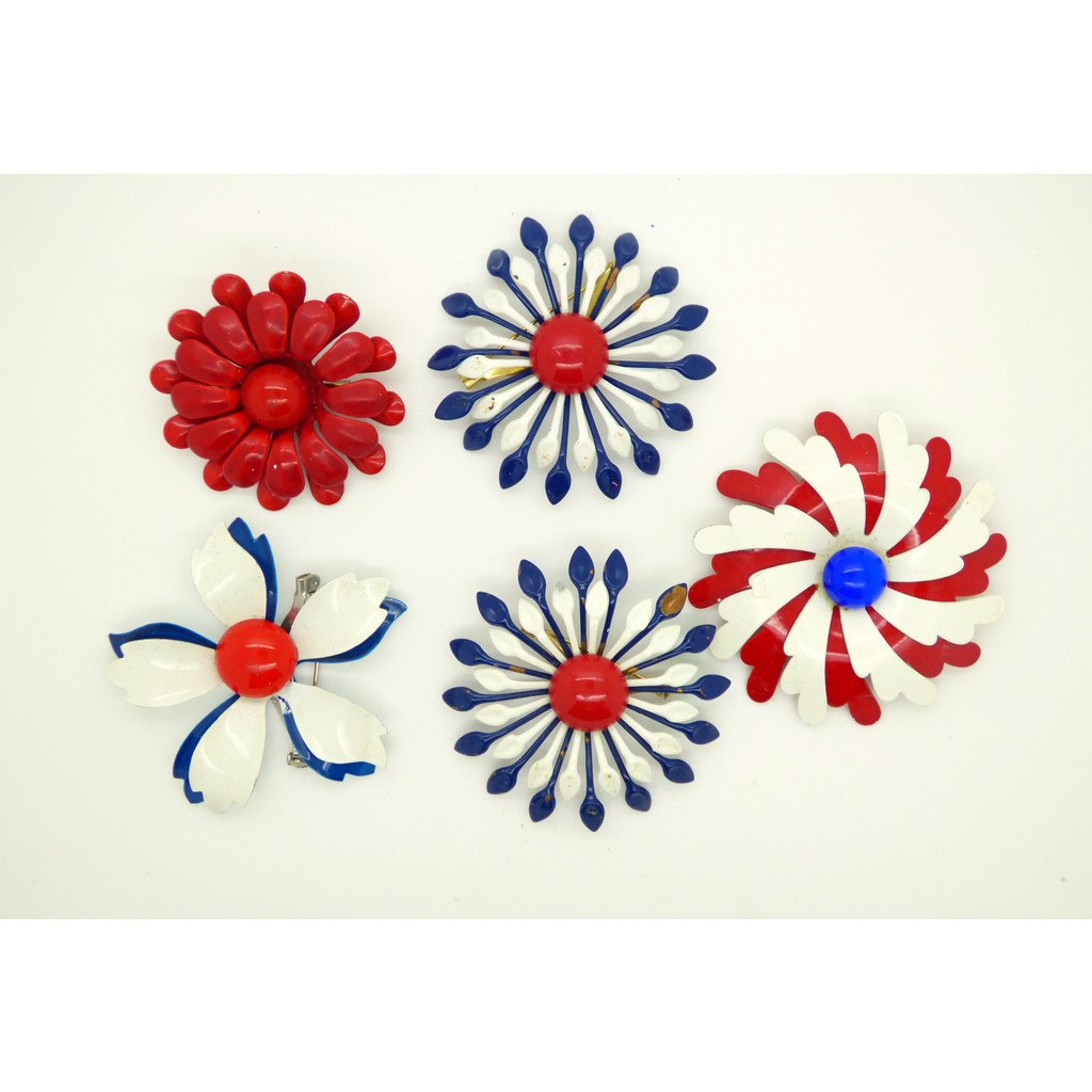 Red, White and Blue Patriotic Enamel Flower Pins, 5 pins