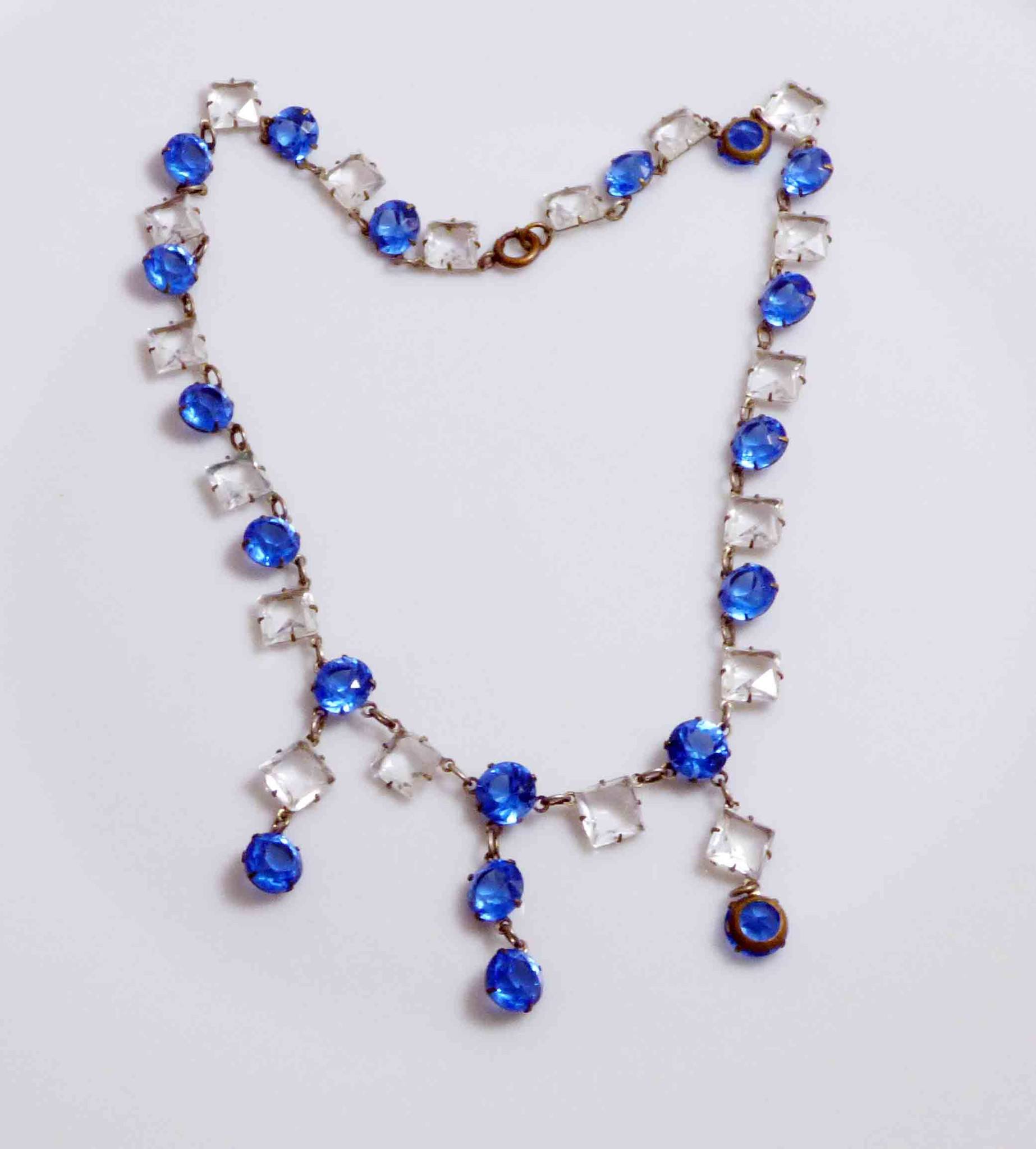 Art Deco Sapphire Blue and Clear Drippy Crystal Necklace - Vintage Lane ...